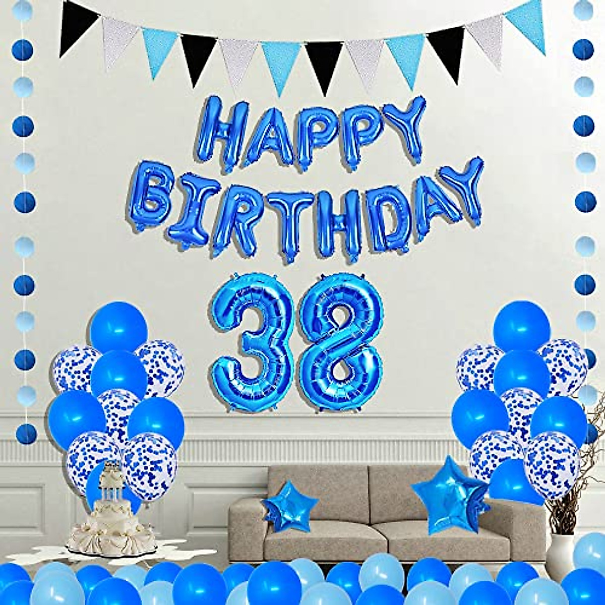Succris 38TH Blue Theme for 38 Years Old Birthday Party Supplies Blue Happy Birthday Banner Blue Circle Dots Garland Paper Hanging Triangle Flag Banner Confetti balloons Number 38 Blue