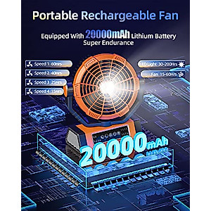 Portable Rechargeable Fan - 20000mAh 9-Inch Camping Fan with Light & Hook for Tent, Outdoor - Battery Powered Fan(60Hrs) - USB Fan for Picnic, BBQ, Fishing, Travel, Jobsite