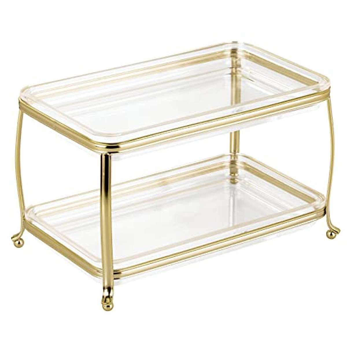 mDesign Decorative Makeup Storage Organizer Vanity Tray for Bathroom Counter Tops, 2 Levels to Hold Makeup Brushes, Eyeshadow Palettes, Lipstick, Perfume and Jewelry - Soft Brass/Clear