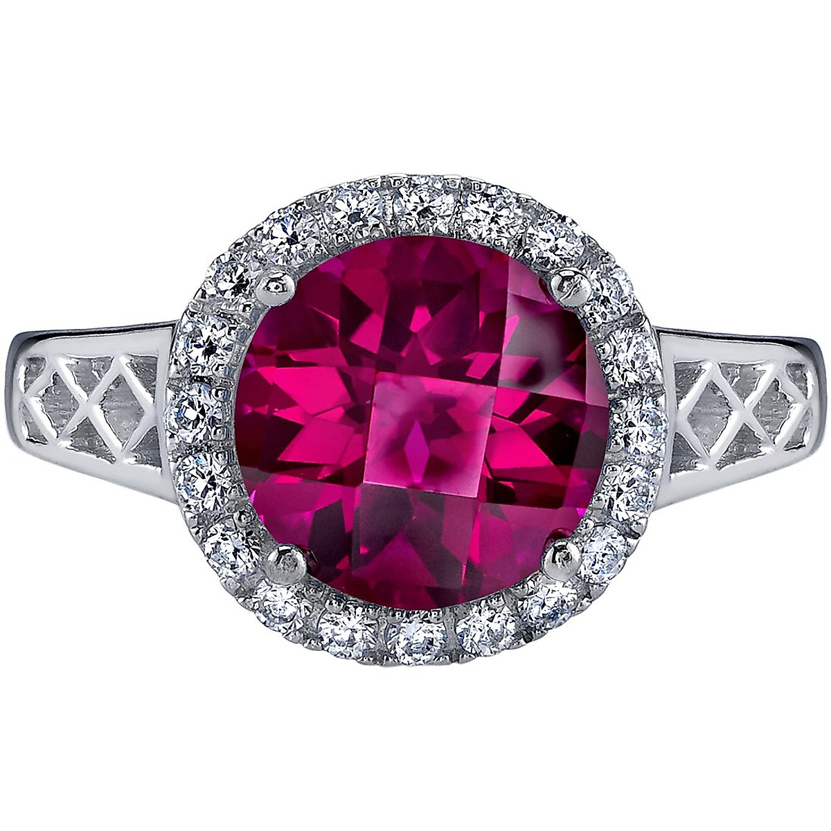 PEORA Created Ruby Galleria Ring for Women 14K White Gold, 2.50 Carats Round Shape 8mm, Comfort Fit, Size 9