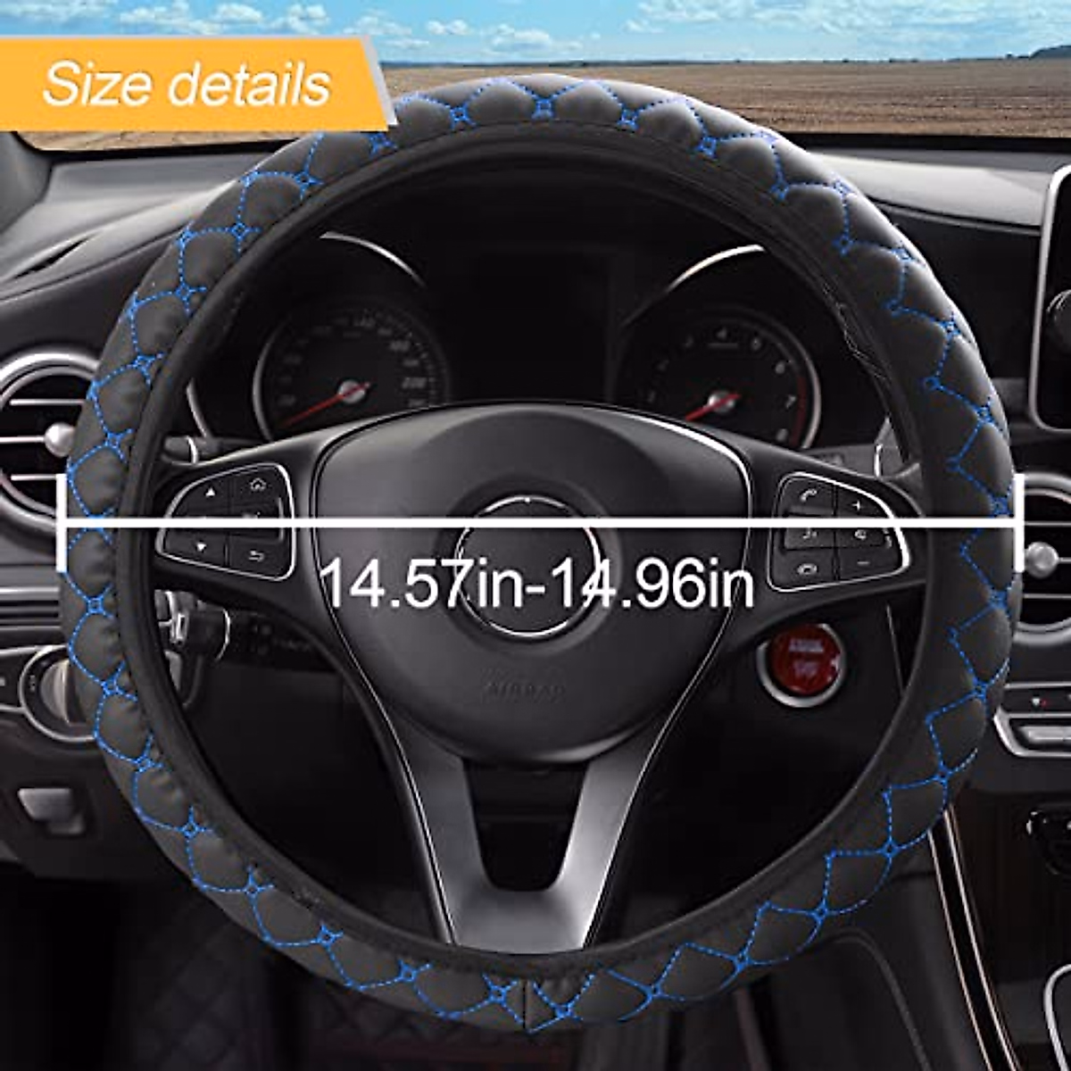LoyaForba Car Steering Wheel Cover, Soft Leather Breathable Auto Steering Wheel Anti-Slip Protector, Universal Elastic 15 inch Stitching for Men Women Girls, Car Interior Accessories (Black/Blue)
