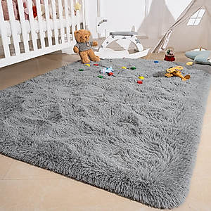 Przemy Fluffy Living Room Rug 5x8 Grey Bedroom Rugs, Shag Fuzzy Large Area Rug, Gray Shaggy Floor Rug Plush Throw Carpet for Nursery Kids Room Bedside Home Decor