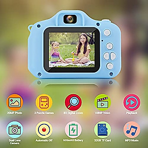 Kids Camera for Boys HOMHOW Toddler Camera for Girls Boys Children, Selfie Camera Kid Toys Christmas Birthday Gift Age 3 4 5 6 7 8 9 Year, 2inch IPS Screen with 32GB SD Card Blue