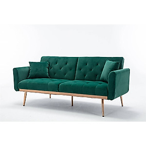SZLIZCCC 63" Green Velvet Couch, Tufted Loveseat Sofa, Convertible Futon Sofa Bed, Accent Sofa Recliner, Golden Metal Legs, 2 Couch Pillows, Mid Century Modern Sofas for Home Living Room Bedroom