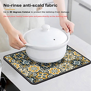 NeuWee Dish Drying Mat for Kitchen Counter, Super Absorbent, Heat Resistant, Non-Slip Dish Drying Pad, Hide Stain Coffee Mat, Table Mat Under Appliance, Ethnic Style, Yellow Blue Print, 16 x 20 Inch