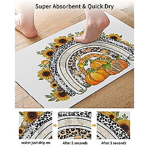 Thanksgiving Day Super Absorbent Bath Rugs for Bathroom,Durable Floor Mat Laundry Rug, Clearance Mats for for Kitchen, Non Slip Carpt Doormats 20"x32", Leopard Pumpkins Sunflowers Fall Theme