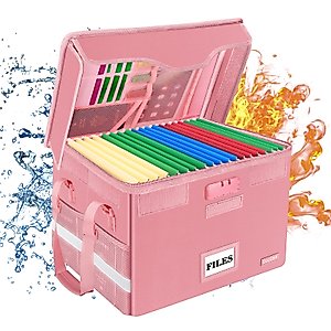 DocSafe File Box Fireproof Document Box with Lock,File Storage Organizer Box with Insert Pockets,Collapsible Portable File Box Home Office File Cabinet with Handle for Hanging Letter/Legal Folder,Pink