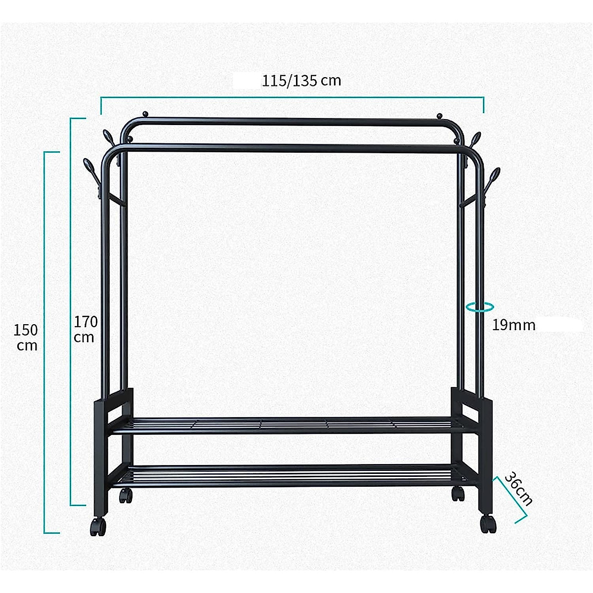 Double Garment Rail with Top Rod and 2-Tier Shelves Heavy Duty Stainless Steel Clothes Rack with Castors for Everyday Home Dormitory Hotel Adds Instant Closet Space (Color : Black, Size : 135CM)