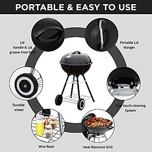 18 Inch Portable Charcoal Grill with Accessories for Outdoor Cooking Barbecue Camping BBQ Coal Kettle Grill - Mini Grill with Grilling Utensil Includes Tongs, Spatula,Fork,Basting Brush, Scraper