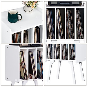 LELELINKY Small Record Player Stand - Width 11.7 In, White Vinyl Record Storage Table with 4 Cabinet Up to 80 Albums, Vinyl Holder with Wood Legs,Turntable Stand Display Shelf for Bedroom Living Room