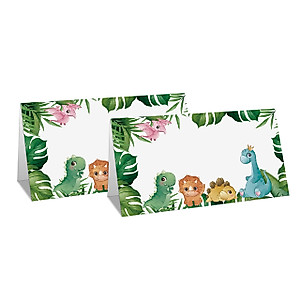 Table Place Card for Baby Shower, 25 Pcs Tent Cards Set with Tropical Palm Leaves Design, Editable Name Cards for Table Seating, Dinosaur Party Food Lables, Safari Jungle Baby Shower Decorations(10)