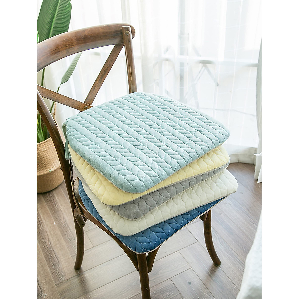 2 Pack Chair Cushions for Dining Chairs Rubber Back U-Shaped Chair Pads with Ties Soft Plush Nonslip Seat Cushions Machine Washable Kitchen Chair Pads,17" x 16" (Yellow)