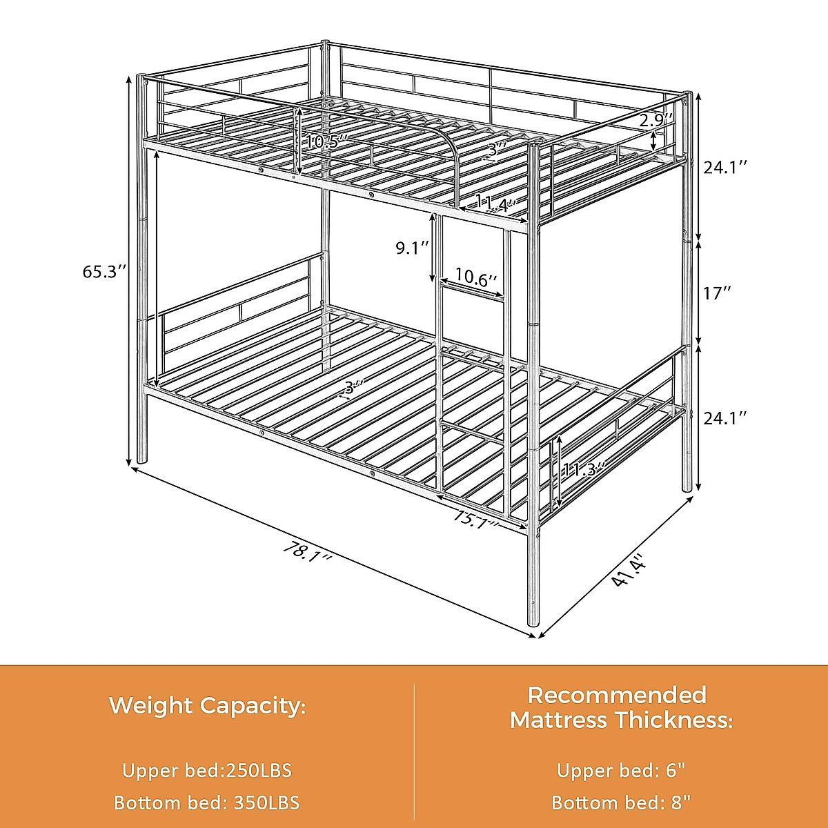 Merax Bunk Bed with Ladder and high Guardrail, Able to Split, Metal Bunk Bed, Storage Space, Noise Free,Twin Over Twin Size Bunk Bed,Black