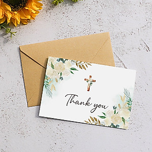 BYBOUS 25 Pack Thank You Cards with Envelope & Stickers, 4 * 6in Watercolor Cross Flower Blank Inside Thank You Card for Baptism, Wedding, Funeral, Bridal Shower, Baby Shower, Communion
