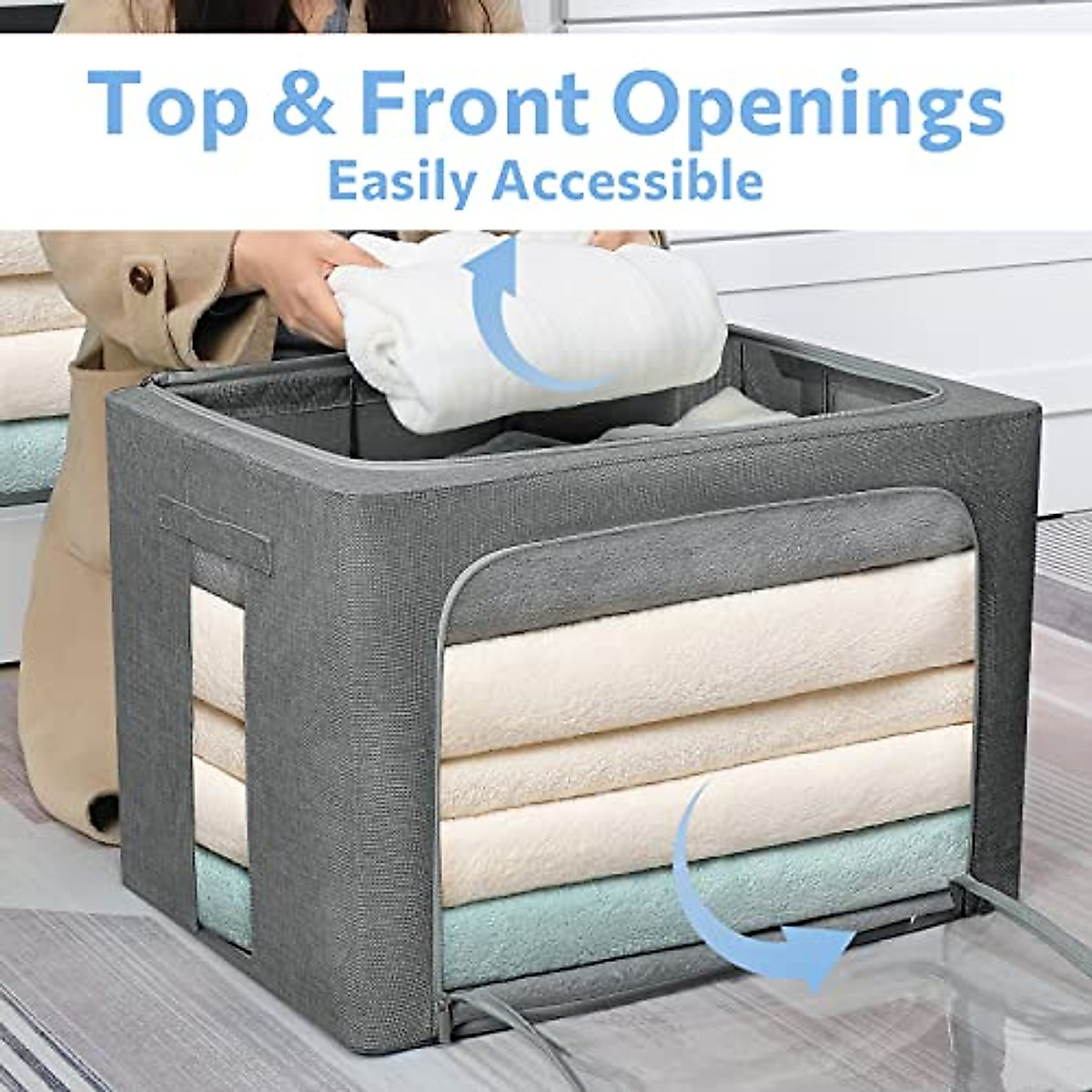 3Pack Foldable Storage Bins - Frame Storage Box Linen Fabric Stackable Clothes Container Organizer with Clear Window & Carry Handles Large Capacity (Medium-36L, Dark Gray)