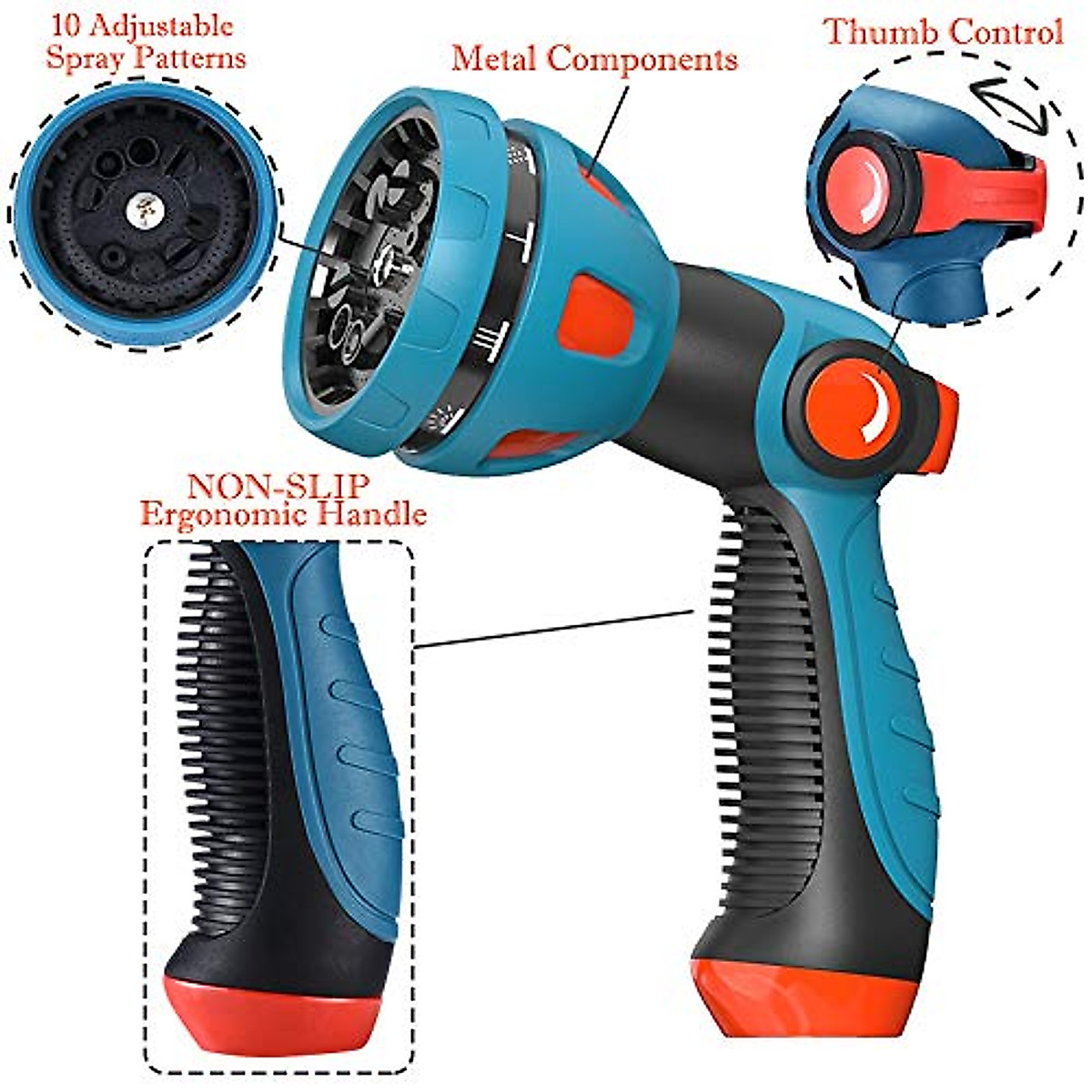 Garden Hose Nozzle - 10 Adjustable Patterns Metal High Pressure Hose Nozzle, Garden Hose Spray Nozzle with Thumb Control Design, Hose Sprayer for Garden & Lawns Watering, Cleaning, Pets & Car Washing