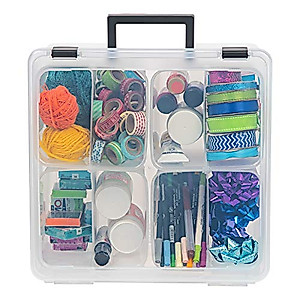 IRIS USA 20 Quart Portable Clear Plastic Storage Bins, Art, Sewing & Craft Organizer Satchel with Handle, Secure Latches, 4 Removable Inner Cups and 4 Dividers, Clear/Black, 1 Pack