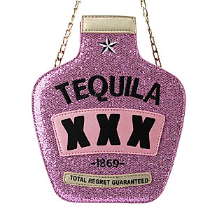 Ondeam Tequila Bottle Shaped Laser Shoulder Handbags,Pu Crossbody Purse for women(Pink B)