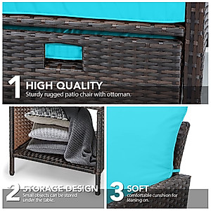 LEVELEVE Balcony Furniture 5 Piece Patio Conversation Set, PE Wicker Rattan Outdoor Lounge Chairs with Soft Cushions 2 Ottoman&Glass Table for Porch, Lawn-Brown Wicker