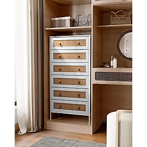 Crestlive Products Rattan Dresser Storage Tower, Tall Fabric Dresser, Chests of Drawers, Wood Top &Wood Handles - Organizer Unit for Bedroom, Hallway, Entryway, Closets - 6 Drawers (White)