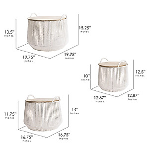 American Art Decor Boho White and Natural Paper Rope Woven Storage Baskets with Wooden Lids Set of 3, Round Decorative Organizer Bin for Laundry, Clothes, Blankets, Toys