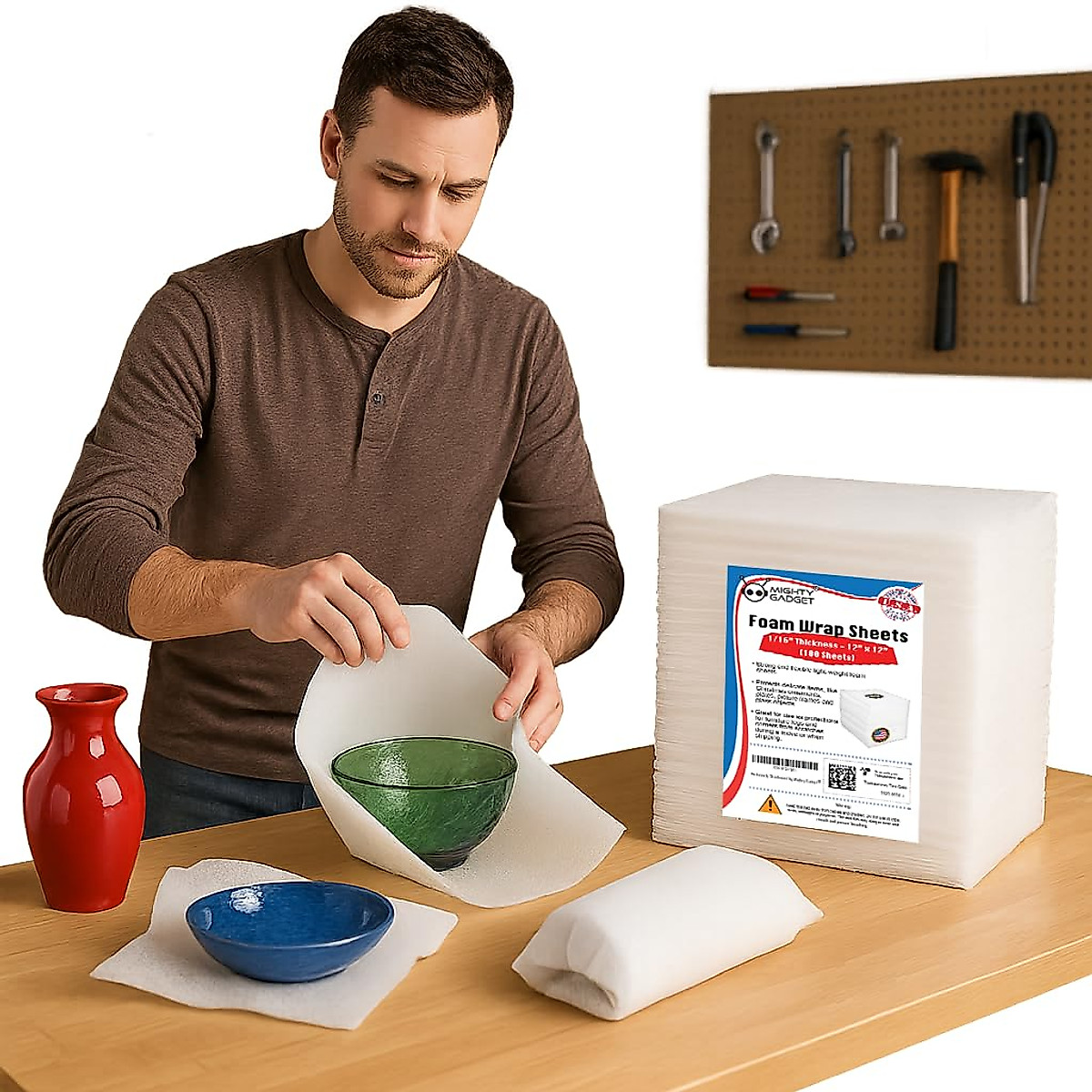 100 Pack Cushioning Foam Sheets Mighty Gadget (R) 12" X 12", 1/16" Thickness, Cushion Foam Wrap Sheets, Packaging Material, Moving Supplies for Packing Storage and Shipping