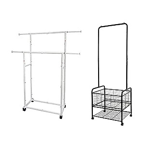Fishat Simple Double Rod Garment Rack & Laundry Hamper Butler Cart Basket