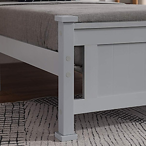 AOCOROE Twin Bed Frame for Boys and Girls, Twin Size Wooden Platform Bed with Vertical Stripe Headboard, Foot Board, Slats Included, No Box Spring Needed, Grey