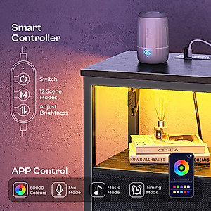 Huuger Night Stand with Charger Station and LED Lights, 2 Drawer Nightstand, Bed Side Table with Open Shelf, End Table, Fabric Dresser for Bedroom, Black