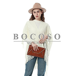BOCOSO Knit Shawl Wraps Tassel Open Front Poncho Cape for Women, Ladies Fringed Knitted Cardigan White