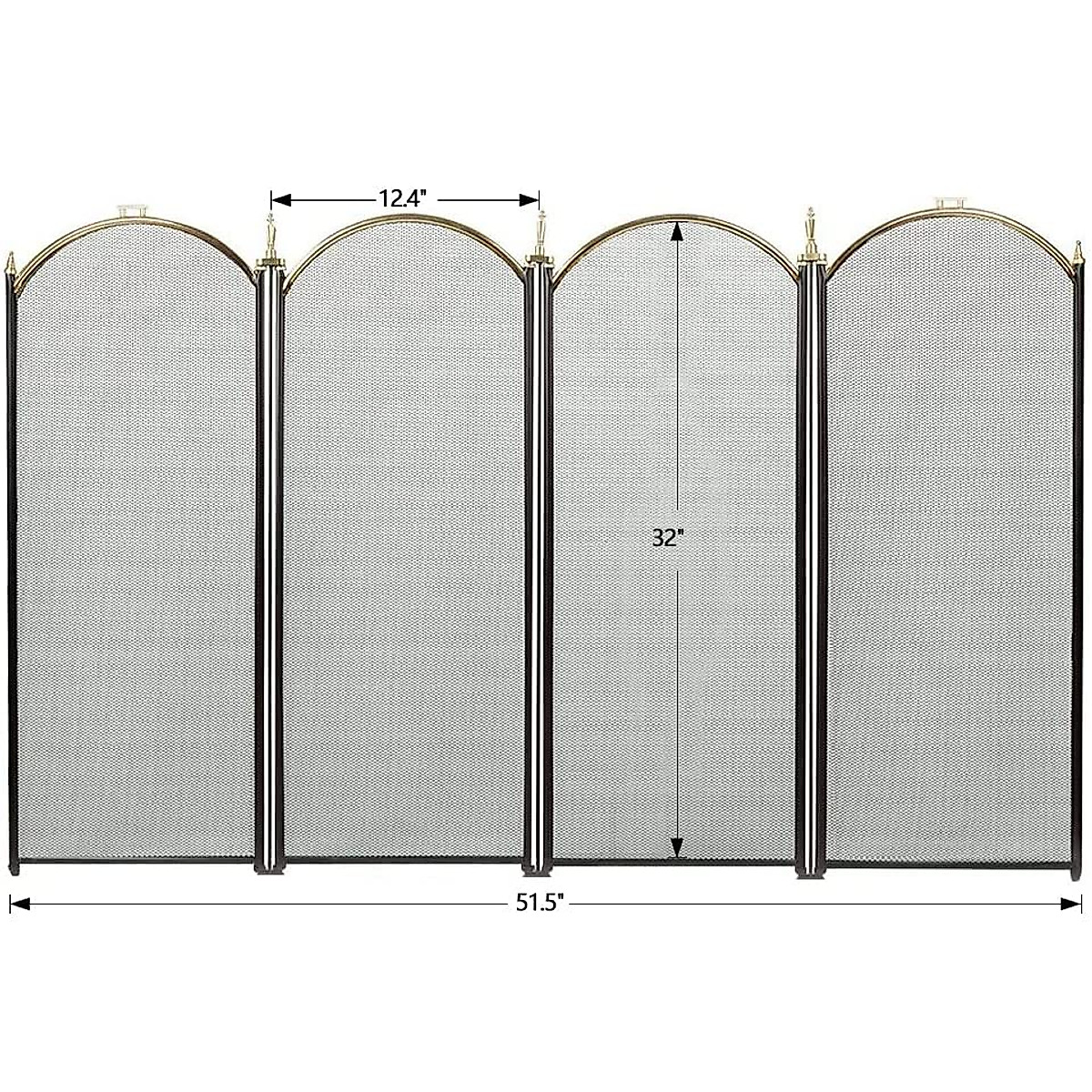 AMAGABELI GARDEN & HOME Decorative Gold Fireplace Screen 4 Panel Folding Ornate Wrought Iron Black Metal Fire Place Free Standing Gate Large Mesh Solid Steel Spark Guard Cover Outdoor Accessories