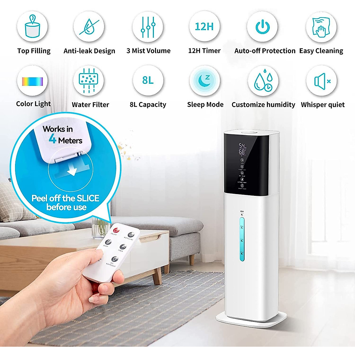 2.1Gal(8L) Humidifiers for Bedroom Large Room Whole House,3 Speed Humidifiers with led Light for Home
