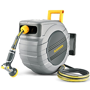 GLAHODEN Retractable Garden Hose Reel, 5/8in x 100ft+6ft 2 Year Anti-fading Water Hose Reel, Patented Design for Any Length Lock Slow Return System Increase Flow Rate By 20% Hose Reel Wall Mount