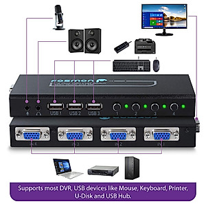 Fosmon 4-Port VGA KVM Switch, 3 USB Hubs, 1 Audio Output, 4 VGA Cables, (2048x1536@500MHz with DDC) Share 4 Computers with 1 Monitor and 3 USB Devices Mouse Keyboard Printer for PC Laptop Desktop