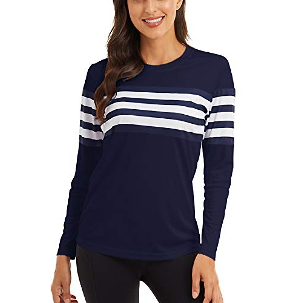 NEYOUQE Womens Cute Ultra Soft Long Sleeve Crew Neck cazy Tshirts Under Shirts Alternative Apparel Blouse Striped Casual Tops Navy Blue XXL