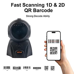 VOTTAN Automatic Omnidirectional Barcode Scanner, USB Wired 1D 2D QR Code Scanner, Hands-Free Screen Scanning Desktop Barcode Reader for Supermarket, Retail Store, Library, Warehouse (Black)