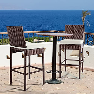 NOVAGLORY Outdoor Bar Stools Wicker Woven Patio Stools & Patio Bar Chairs Height Stools with Footrest Armless Cushion Beige All Weather Rattan Garden Stool for Pool Lawn Porch Backyard (4, Beige)