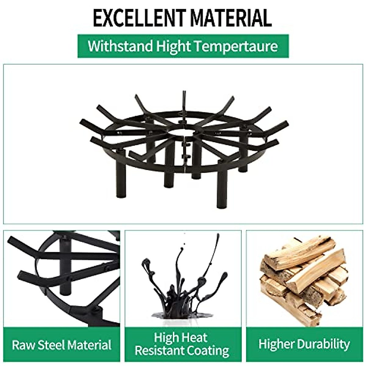 28in Fire Grate Log Grate, Round Spider Wagon Wheel Firewood Grates, Heavy Duty Fire Pit Grate for Outdoor Campfire, Hearth Wood Stove and Outdoor Camping Fire Pit Black
