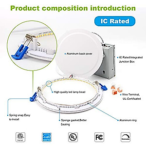 VOLISUN 12 Pack 6 inch Led Recessed Ceiling Light with Junction Box, 2700K/3000K/3500K/4000K/5000K Selectable, 12W=110W Canless Wafer Downlights, 1050LM Dimmable Retrofit Recessed Lighting, ETL