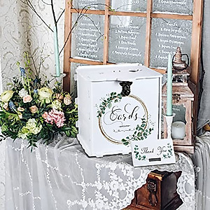 Wedding Card Box Elegant White Wooden Wedding Card Box with Lock for Wedding Reception Anniversary Graduation Birthday Parties Baby Shower Large Card Holder, 9.9 x 9.8 x 8.5 Inches
