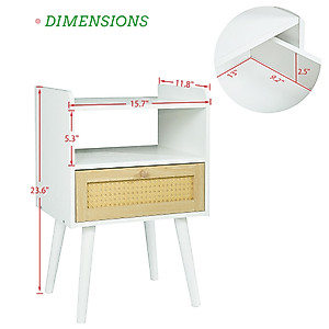 RKVPCNE Rattan Nightstand Night Stands Bedside Table, Boho Nightstands Natural Wood Nightstand End Tables with Solid Wood Legs & Drawer, Open Storage Shelf Side Tables Bedroom Small Space, White