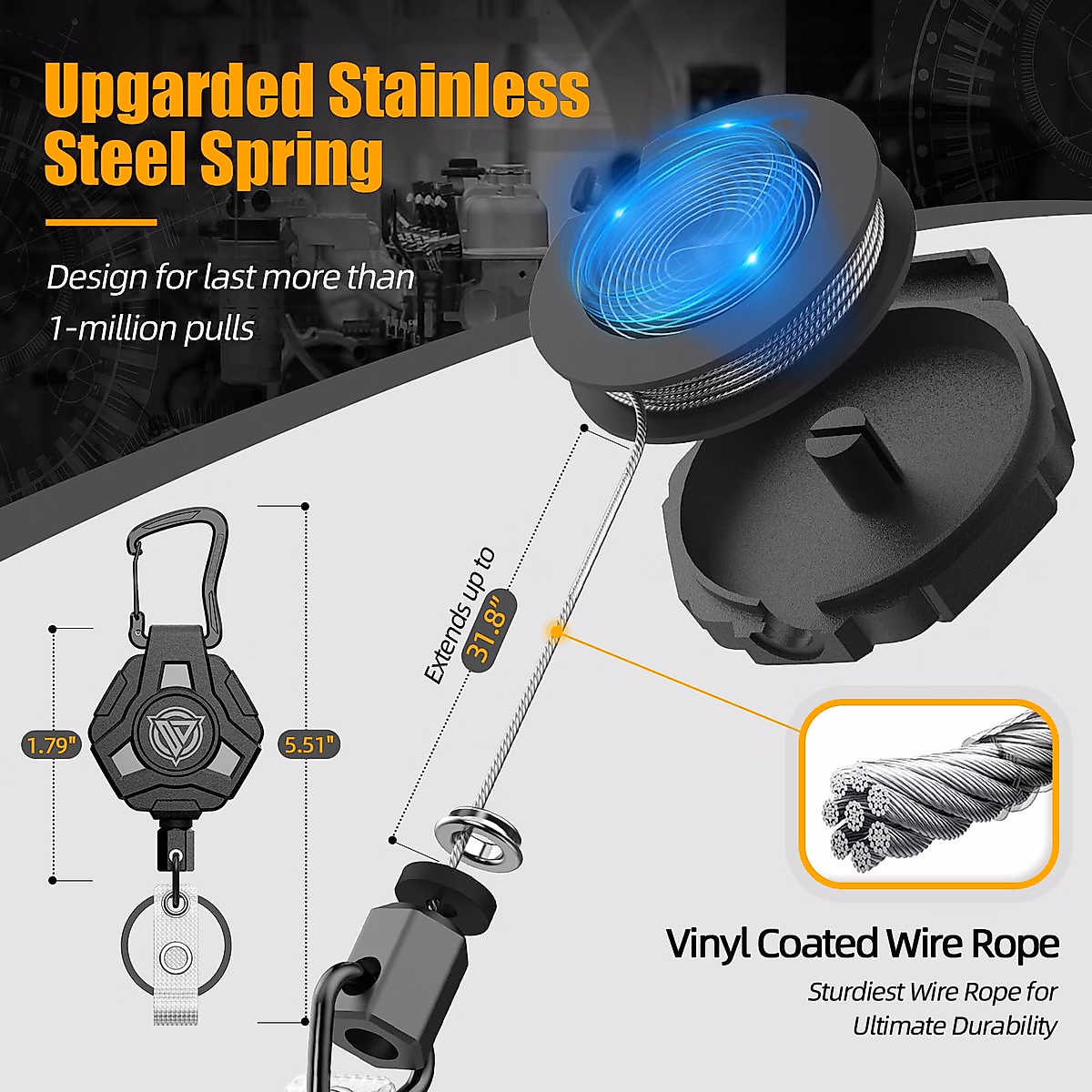 2 Pack Badge Reels Retractable, Heavy Duty Retractable Keychain, Tactical ID Badge Holder with Upgraded Zinc Alloy Carabiner, 31.5'' Coated Steel Cord, Bearing 8.0 oz- Black