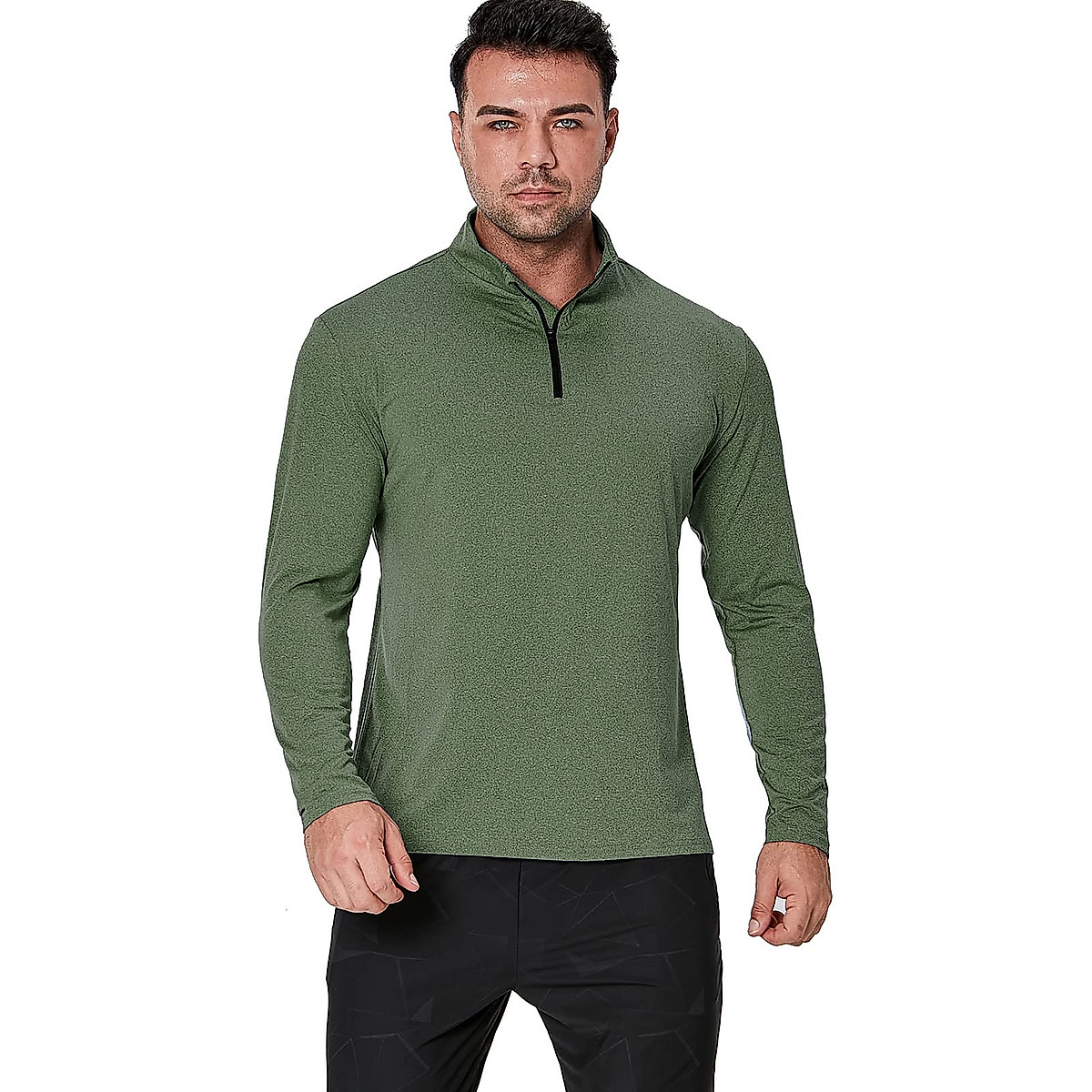 MANSDOUR Men's Quick-Dry Active Sports Shirts Quarter Zip Long Sleeve Athletic Running Pullover Tops Outdoor Workout Golf Sweatshirt Dark Green