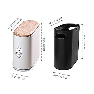 3.2Gal/12.1L Oval Slim Trash Can - Nordic Style Garbage Can with Lid - White Plastic Trash Can w/ Press Top Wood Grain Lid - Space Saving Kitchen Trash Can w/ Double Barrel Removable Plastic Bin Liner