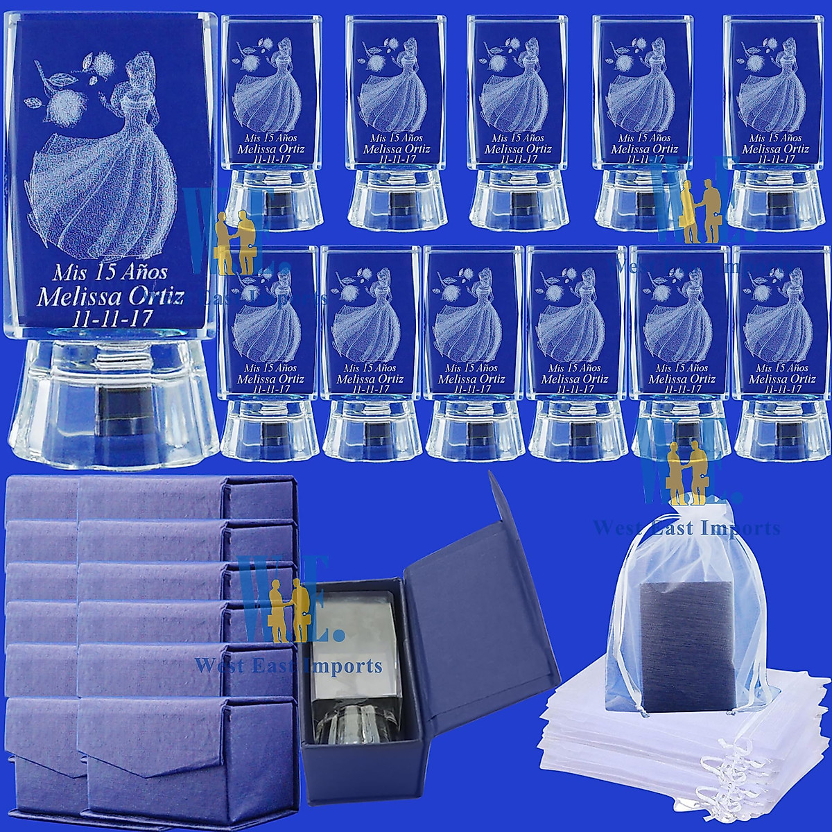 " Princesa Quinceañera Party Favor 12 Pieces 3D Princess Quinceañera Crystal Favor Personalization Customization Laser Engraving - Birthday, Mis XV Años, Mis 15 Años, Sweet 15 and Sweet 16" (4"H)