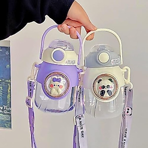 ChezMax Kawaii Bear Straw Water Bottle with Shoulder Strap, Leak-proof Stainless Steel Vacuum BPA free Cute Insulated Water Bottles and Kawaii Stickers for Girls School Office (Purple) 3.5 W x 7.2 H