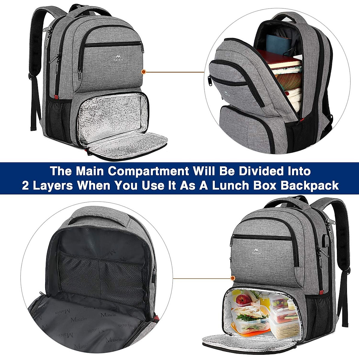 MATEIN Lunch Backpack, 17 inch Insulated Cooler Backpack with USB Charging Port for Women Men, Water Resistant College Lunch Box Backpack with Laptop Compartment for Work Picnic Travel Beach, Gifts