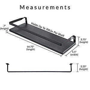 Peter's Goods Modern Floating Shelves with Rail - Wall Mounted Bathroom Wall Shelves with Towel Bar - Also Perfect for Bedroom Decor and Kitchen Storage - Solid Paulownia Wood Shelf Set of 2 (Black)