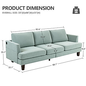 88" Sofa Couch with Deep Seats, 3 Seater Sofa with USB Charging and Side Pockets, Comfy Couches for Living Room with Armrests, Morden Sofa with 3 Soft Pillows for Home, Bedroom, Green