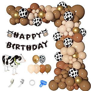 Brown Cow Balloons Garland Arch Kit, 158Pcs Neutral Brown Blush Cow Print Balloon Happy Birthday Banner for Western Cowboy Cowgirl Baby Shower Decorations Farm Animals Theme Birthday Party Supplies
